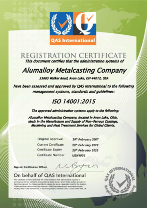 Certificate – Metalworking Foundry & Casting Manufacturer in Ohio